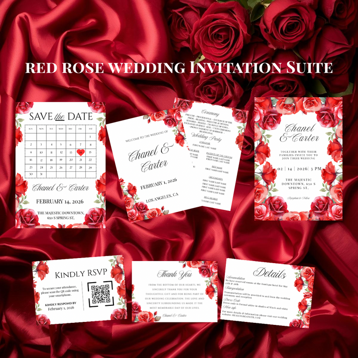 Red Rose Wedding Invitation Template | Romantic Floral Wedding Suite ...