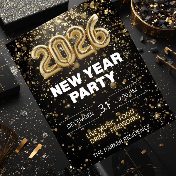 2026 New Year Party Invitation | Black & Gold NYE Flyer | Editable Can ...